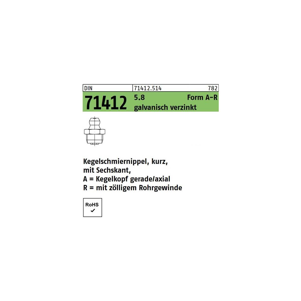 DIN 71412 Kegelschmiernippel Stahl 5.8 verzinkt, Zollgewinde, 19,33