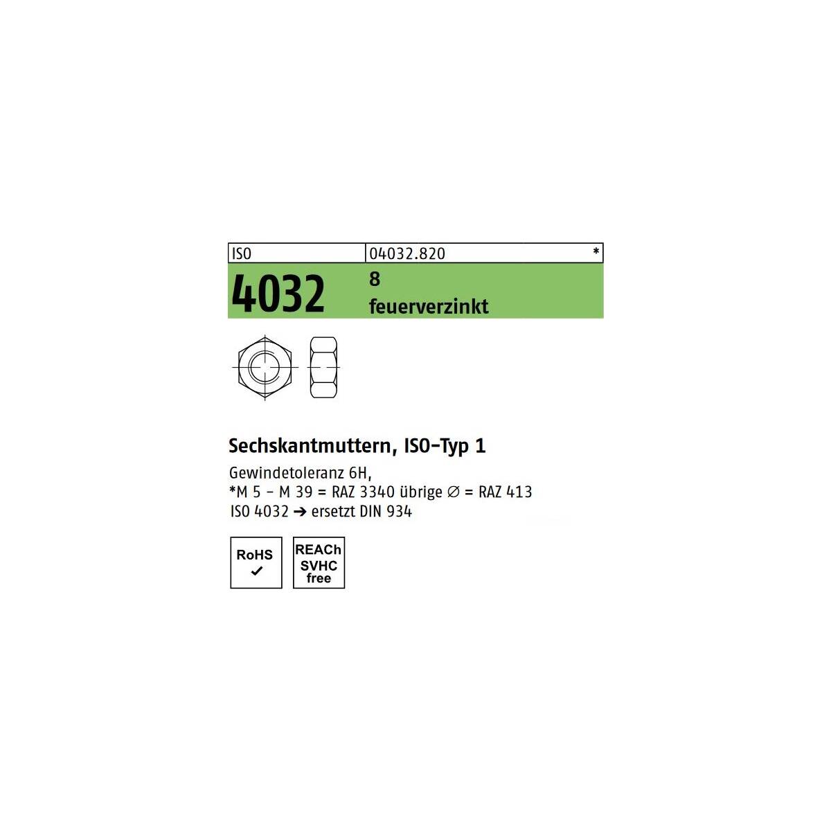 ISO 4032 6KT-Muttern Stahl 8 feuerverzinkt, € 15,56
