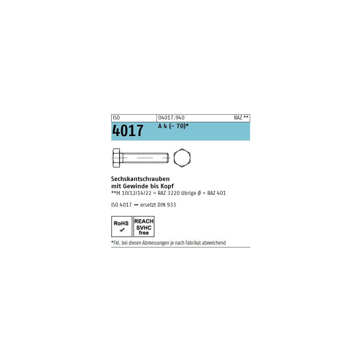 ISO 4017 6KT-Schrauben Edelstahl A4, € 1,44