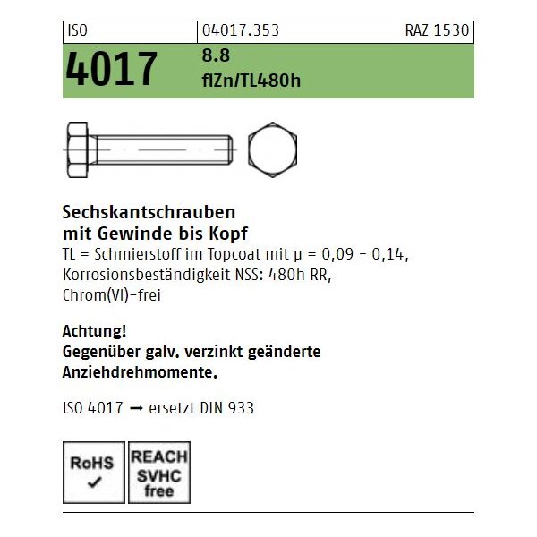 ISO 4017 Sechskantschraube mit Gewinde bis Kopf