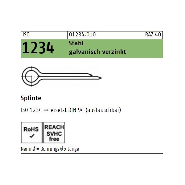 ISO 1234 Stahl galvanisch verzinkt Splinte - Abmessung: 2 x 25 (1000