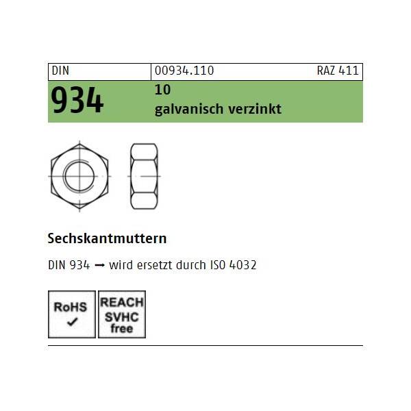 DIN 934 Sechskantmutter Stahl 10 - verzinkt - M8 - 1000 Stück, € 30,20