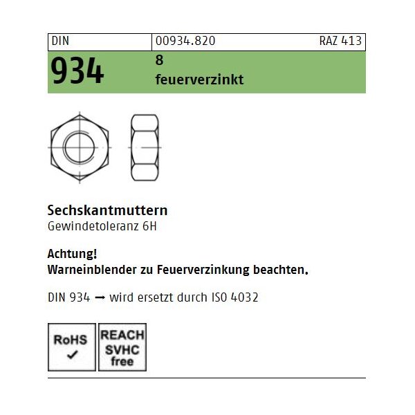 DIN 934 Sechskantmutter Stahl 8 - feuerverzinkt - M36 - 10 Stück, € 26,28