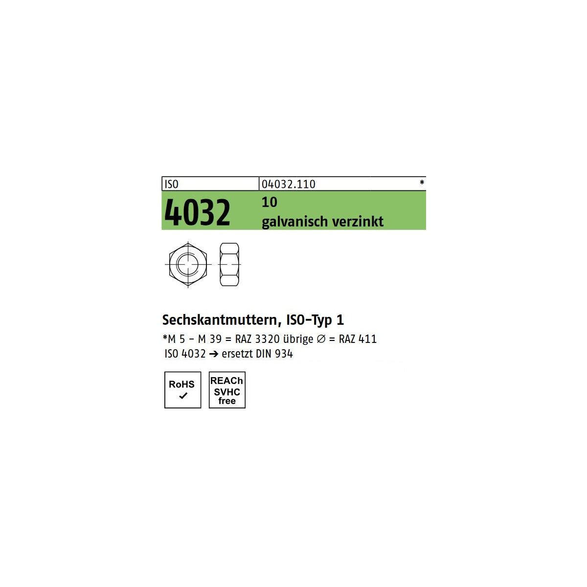ISO 4032 6KT-Muttern Stahl 10 verzinkt M10 500St., € 37,49