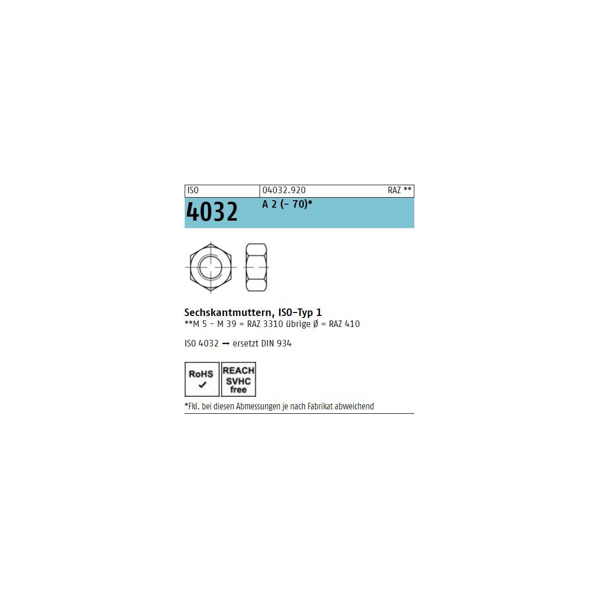 ISO 4032 6KT-Muttern Edelstahl A2 M5 1000St., € 25,92
