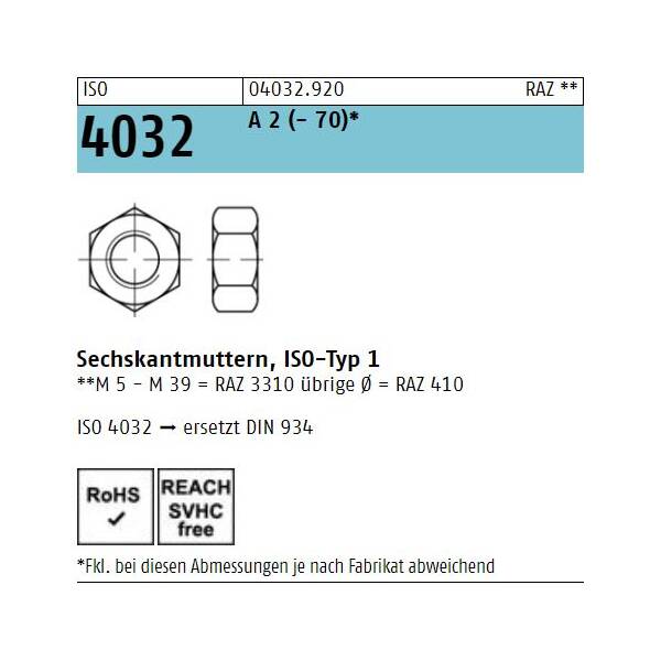 ISO 4032 6KT-Muttern Edelstahl A2 M5 1000St., € 25,92