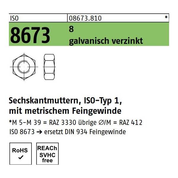 ISO 8673 Sechskantmutter ISO-Typ 1, Feingewinde