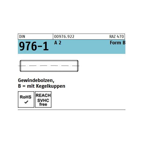 Gewindebolzen DIN 976 - M16x70 Form B mit Kegelkuppe A2 25 Stück, € 27,31