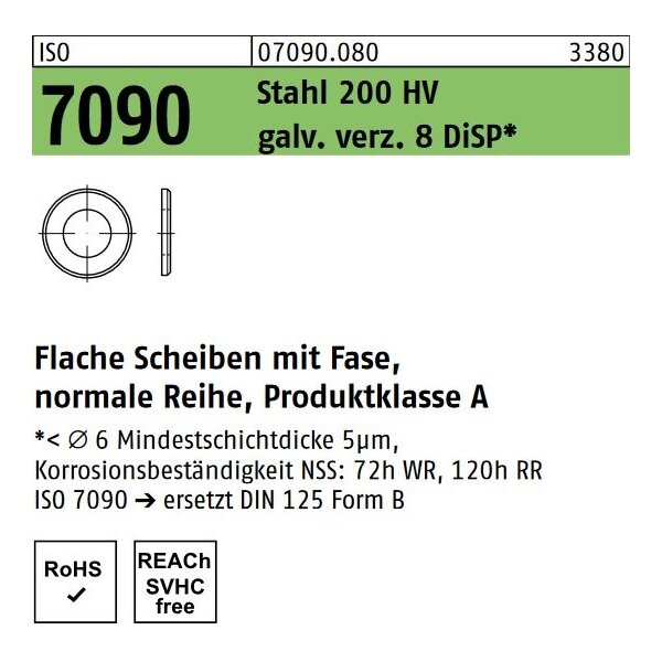 ISO 7090 Stahl 200 HV galv. verz. 8 DiSP Flache Scheiben mit Fase