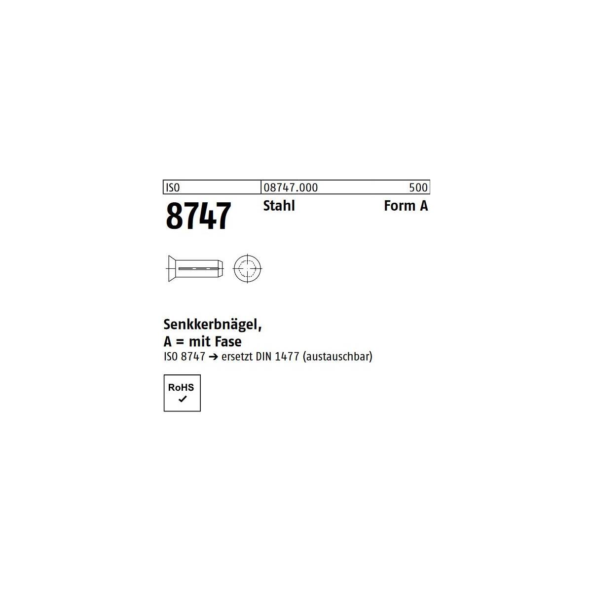 ISO 8747 Stahl Form A Senkkerbnägel, mit Fase - Abmessung: 3 x 6 , € 34,49