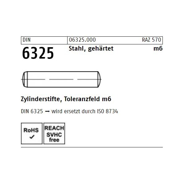 DIN 6325 Zylinderstifte durchgehärtet, Toleranzfeld m6
