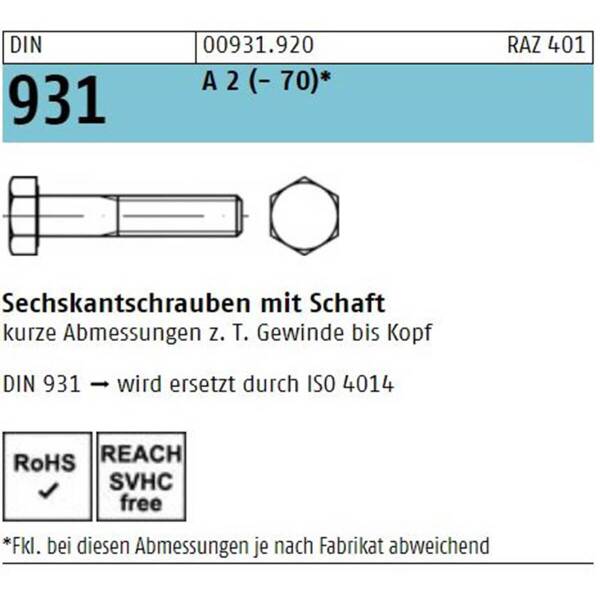 DIN 931 Sechskantschraube mit Schaft